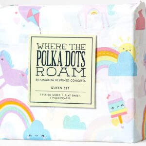 Where The Polka Dots Roam Rainbow and Unicorn 3 Pieces Twin Bed Sheet Set |Super Soft Premium Bedding for Kids Room Décor, Bedding Set for Girls, 1 Fitted Sheet, 1 Flat Sheet and 1 Pillowcase