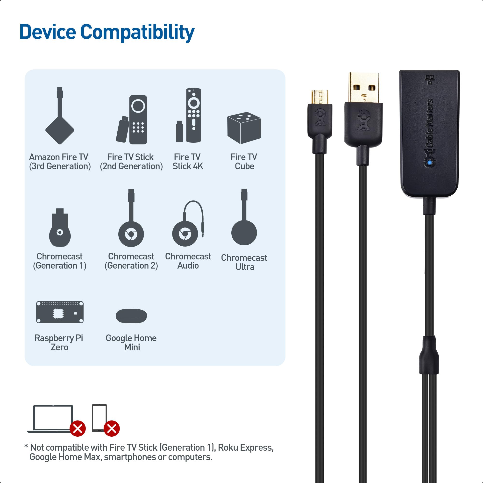 Cable Matters Micro USB to Ethernet Adapter Up to 480Mbps for Streaming Sticks Including Chromecast, Google Home Mini and More - Not Compatible with Roku Device