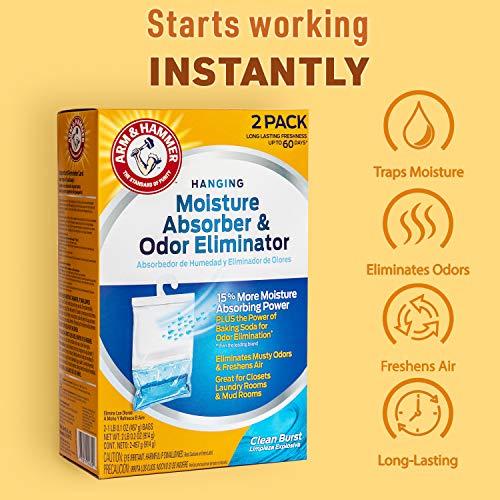 Arm & Hammer Clean Burst Hanging Moisture Absorber and Odor Eliminator - 2 Pack - Traps Moisture for Fresher, Cleaner Air