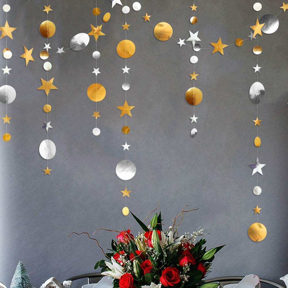 Decor365 Gold Silver Star Circle Garlands Decorations Glitter Twinkle Little Star Streamer Backdrop Hanging Banner Kids Planet Galaxy Birthday/Bday Bridal Bachelorette Ramadan EID Graduation Decor