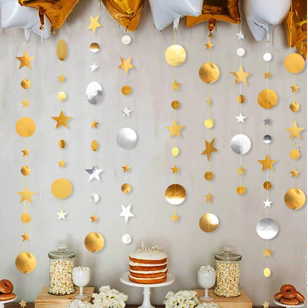 Decor365 Gold Silver Star Circle Garlands Decorations Glitter Twinkle Little Star Streamer Backdrop Hanging Banner Kids Planet Galaxy Birthday/Bday Bridal Bachelorette Ramadan EID Graduation Decor