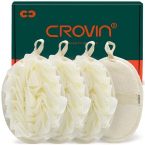 crovin shower puff 4 pack bath sponge shower loofahs pouf large 7x5 premium exfoliating mesh puffs for men and women-elastic hand strap body brush to soothe, cleanse your skin