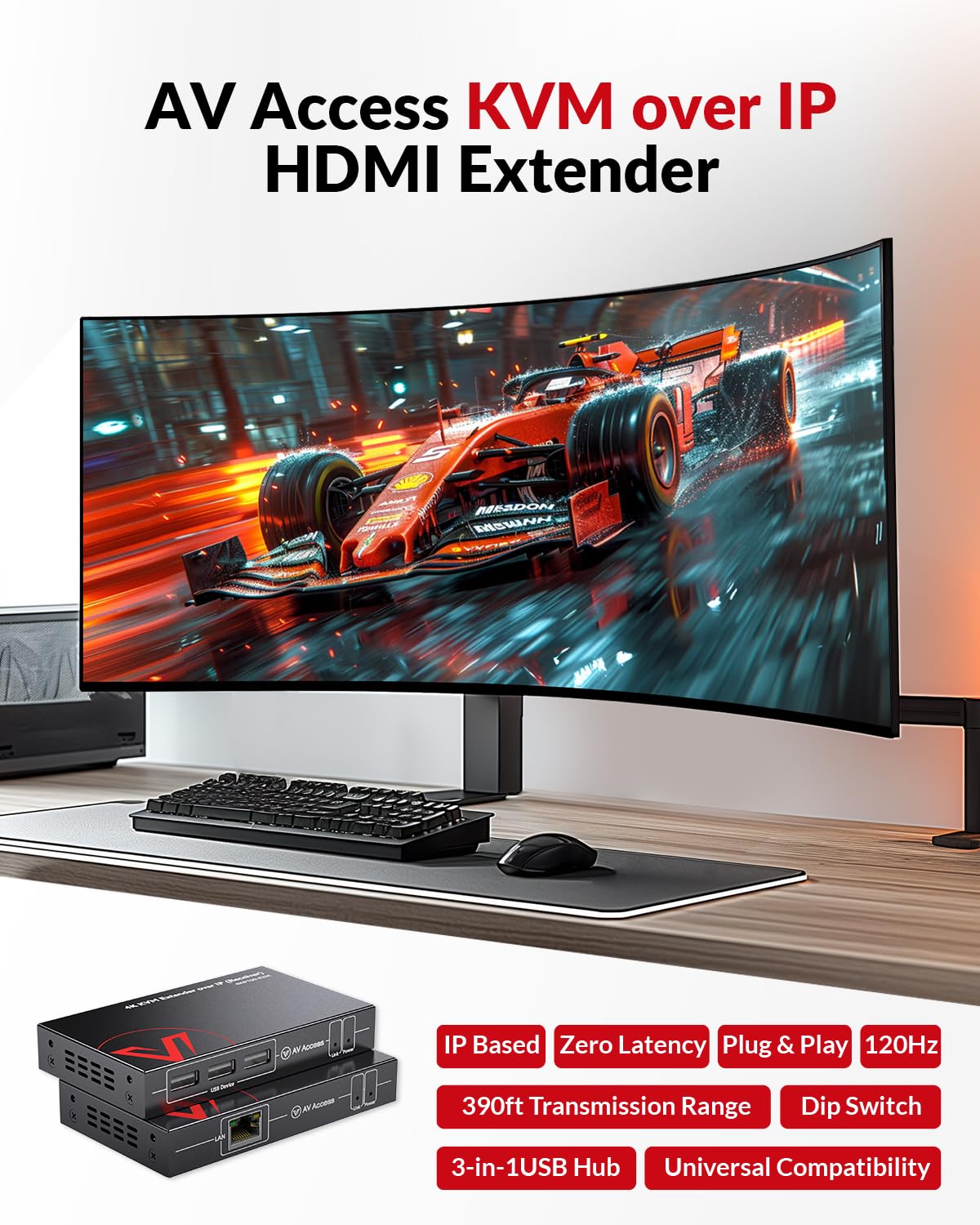 4K HDMI USB KVM Extender TCP/IP Over Single Cat5e/6/6a/7 up to 120M(390ft), 1080P@120Hz, Plug & Play, Keyboard & Mouse Over Network, Zero Latency, 3 Ports USB Hub, DIP up to 16 Sets (4KIP100-KVM)