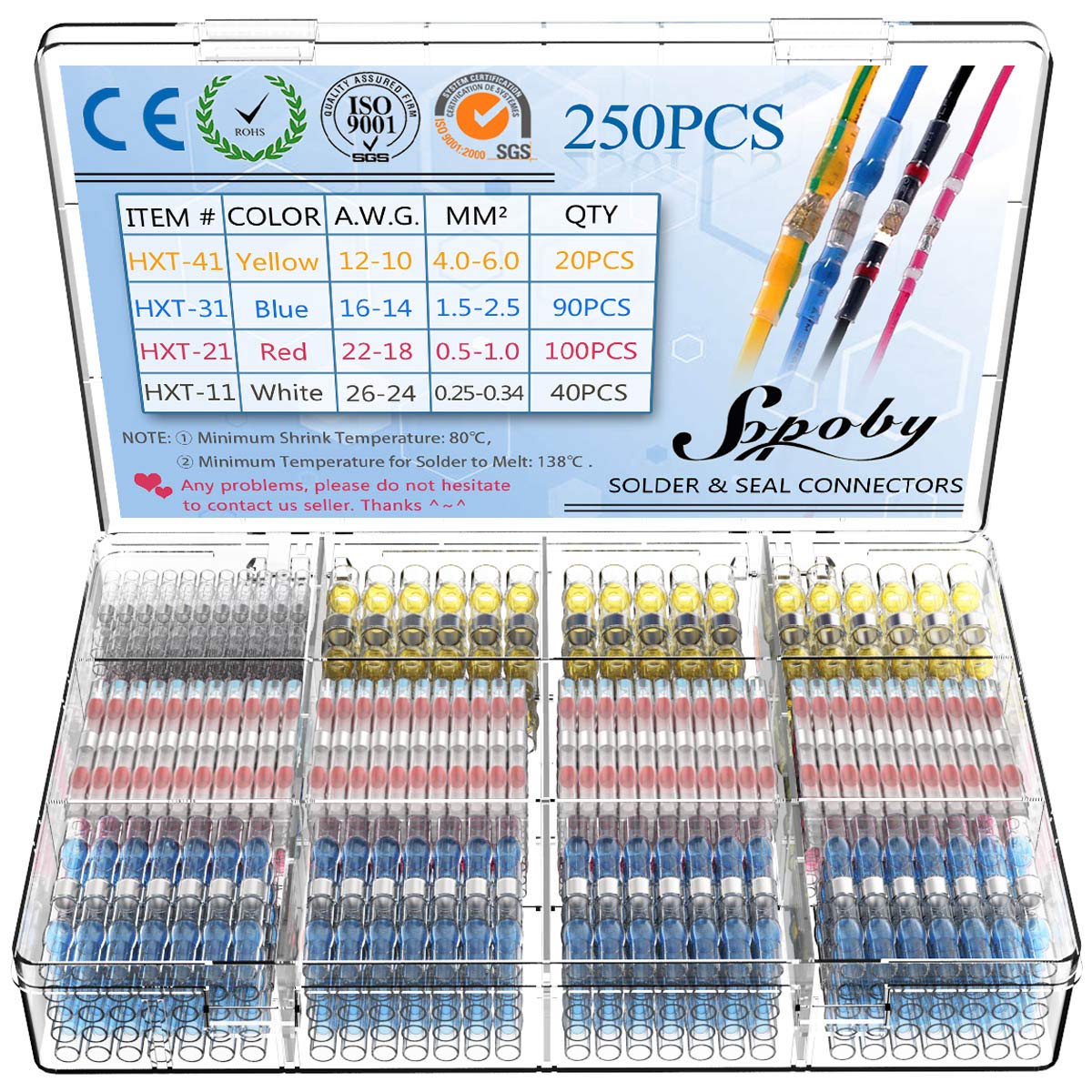 Sopoby 250PCS Solder Seal Wire Connectors Insulated Waterproof Electrical Wire Terminals Heat Shrink Solder Butt Connectors Solder Connector Kit for Automotive Marine