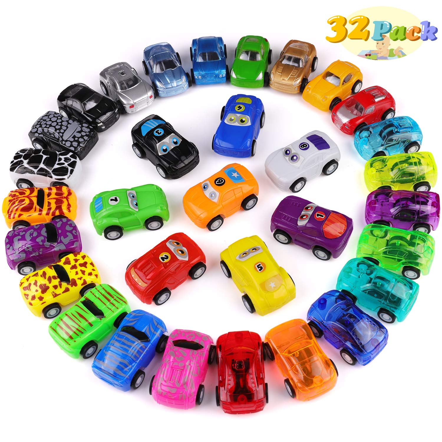 UWEAONTME DOTH Pull Back Cars, 32 Pack Pull Back Racing Vehicles Mini Car Toys for Kids