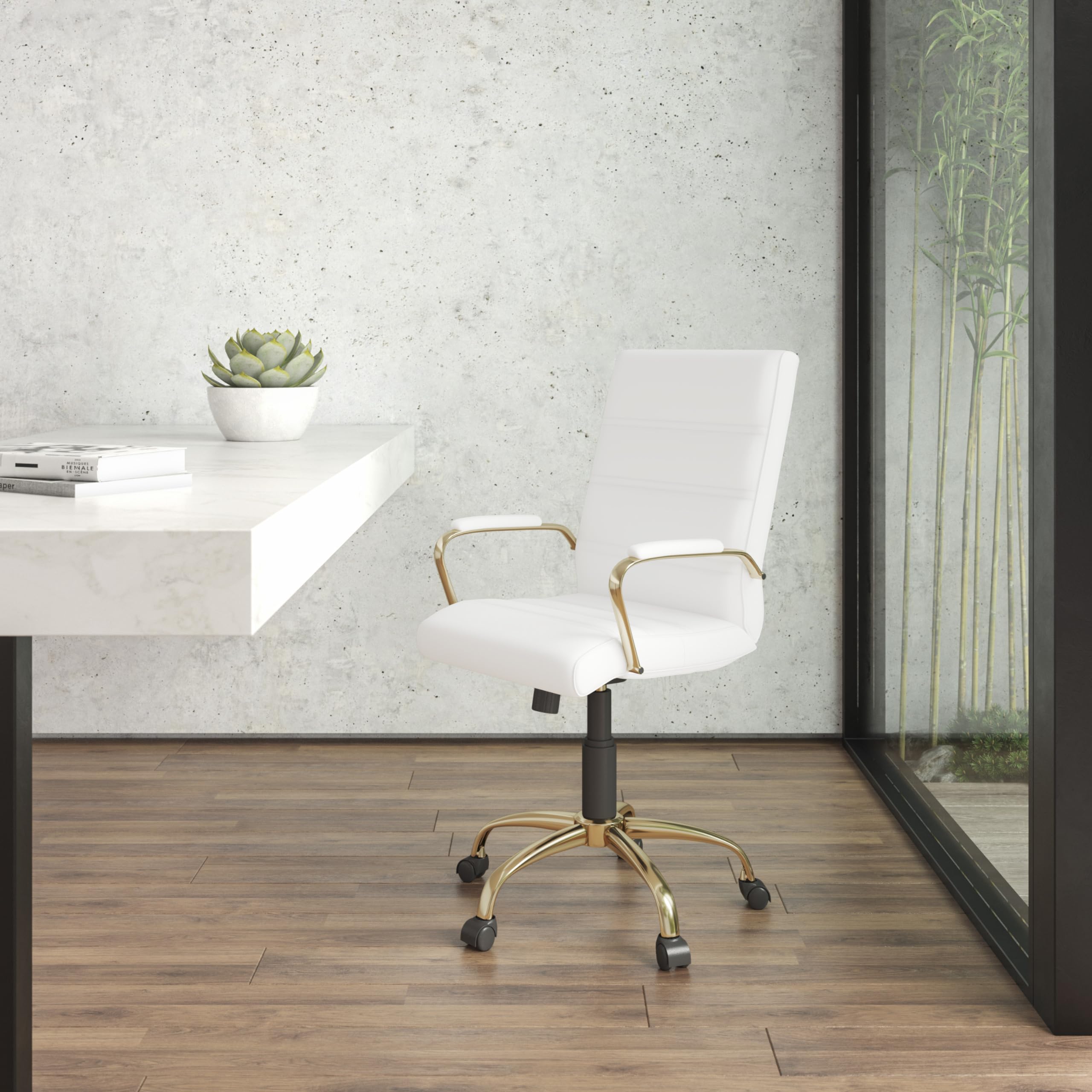 EMMA + OLIVER Mid-Back White LeatherSoft Executive Swivel Office Chair with Gold Frame/Arms