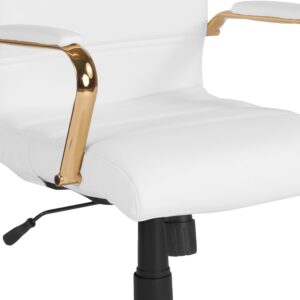 EMMA + OLIVER Mid-Back White LeatherSoft Executive Swivel Office Chair with Gold Frame/Arms