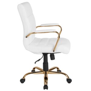 EMMA + OLIVER Mid-Back White LeatherSoft Executive Swivel Office Chair with Gold Frame/Arms