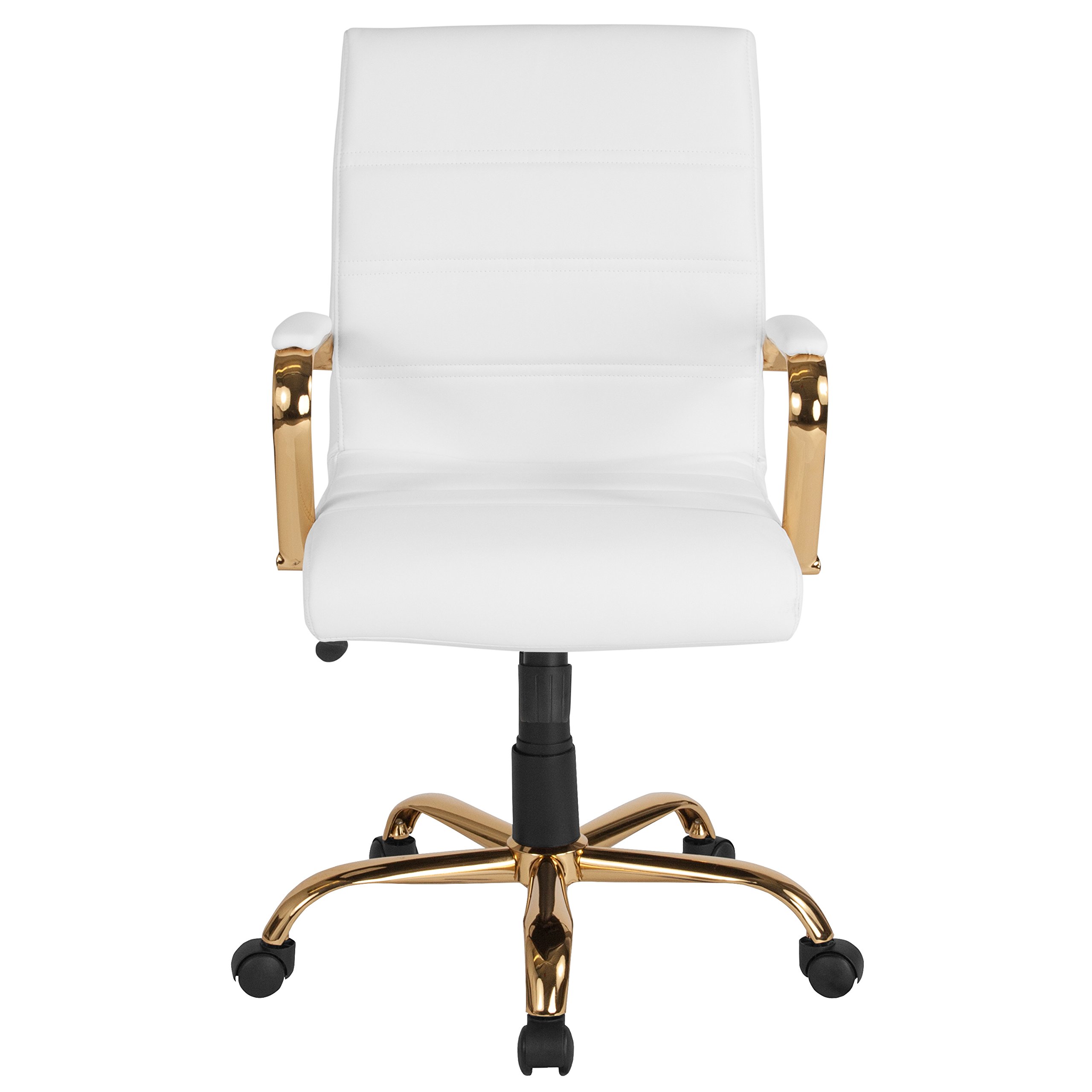 EMMA + OLIVER Mid-Back White LeatherSoft Executive Swivel Office Chair with Gold Frame/Arms