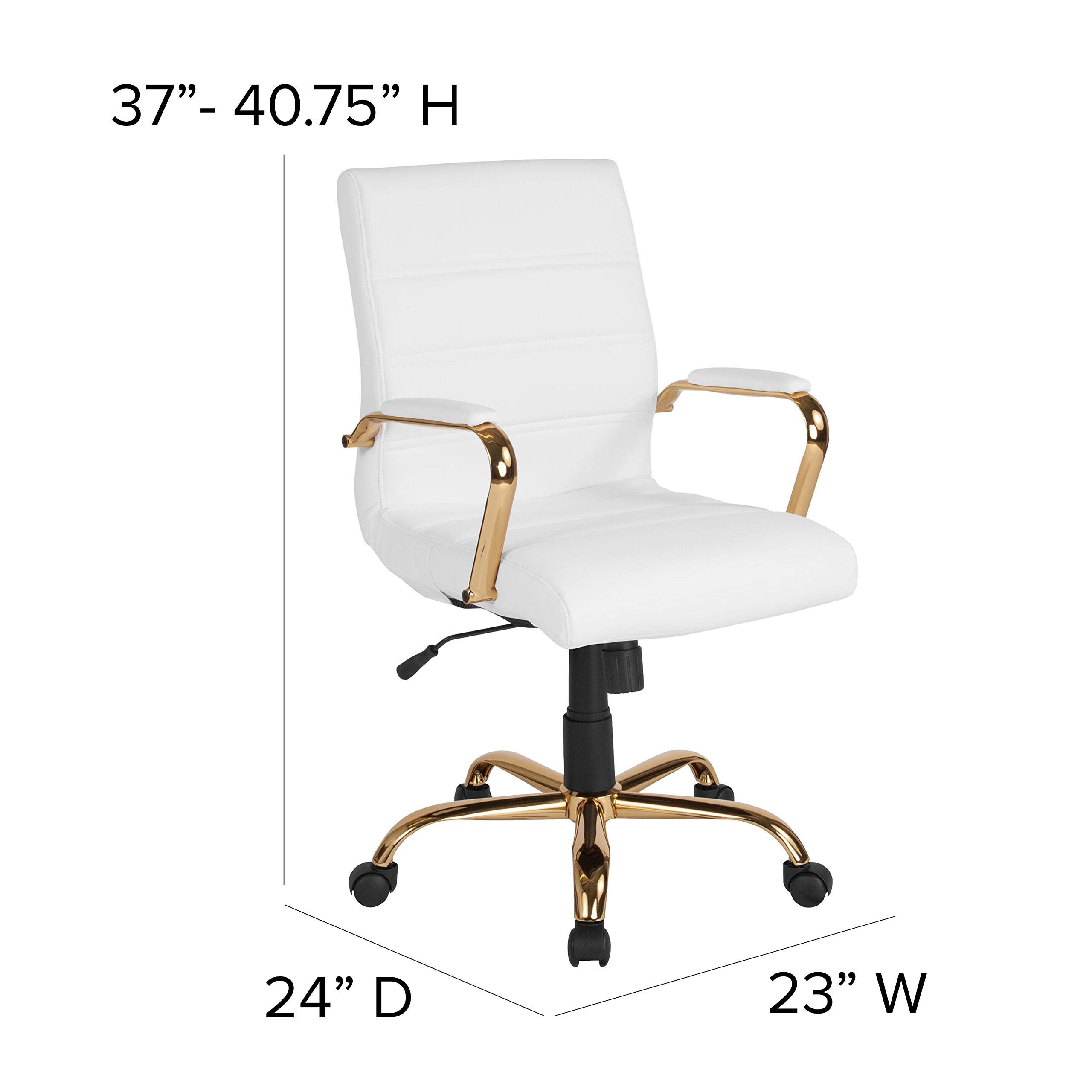 EMMA + OLIVER Mid-Back White LeatherSoft Executive Swivel Office Chair with Gold Frame/Arms