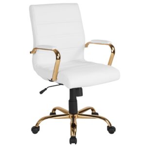 EMMA + OLIVER Mid-Back White LeatherSoft Executive Swivel Office Chair with Gold Frame/Arms