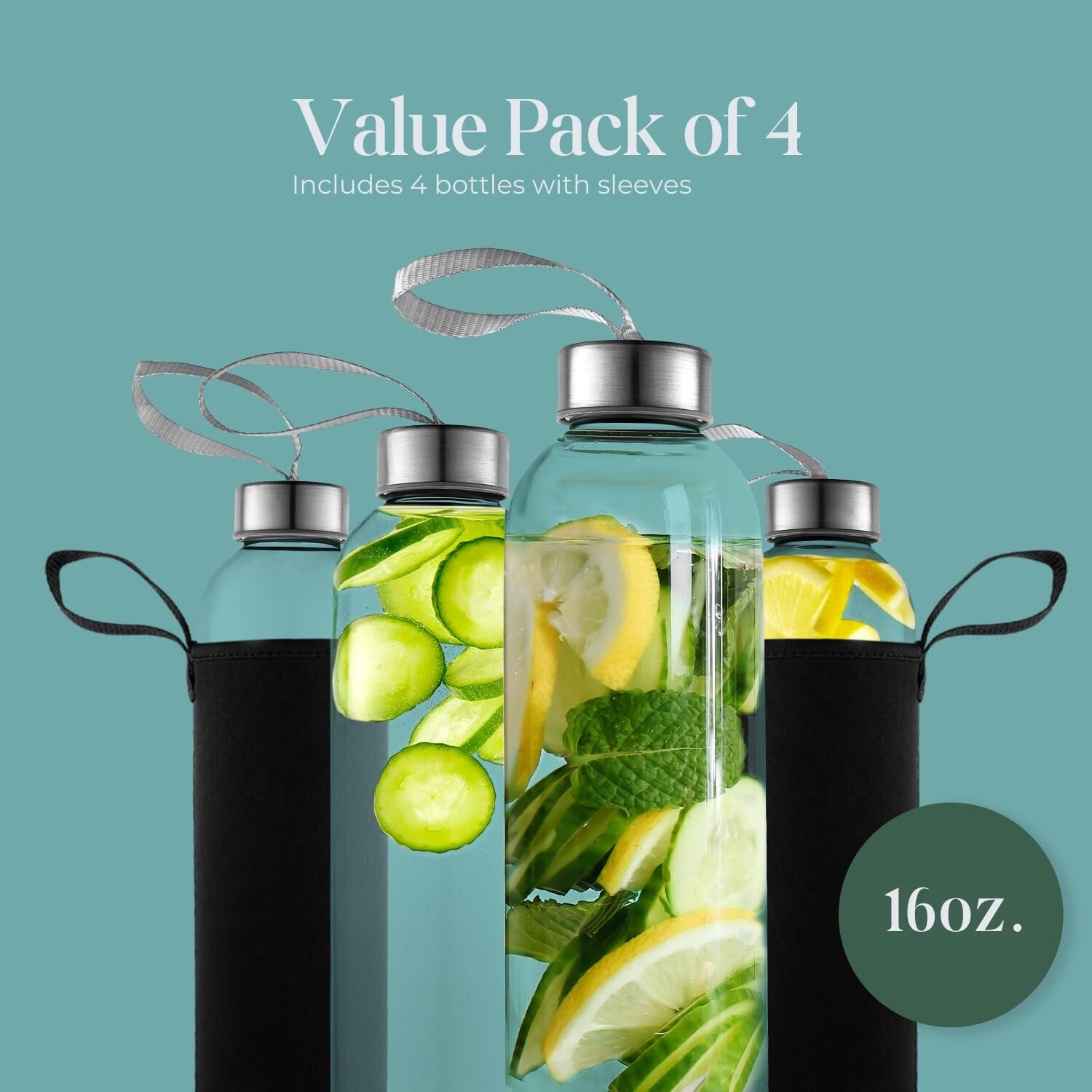 Kitchen Lux 16 Ounce Glass Water Bottles, Reusable Water Bottles with Airtight, Pack of 4, Stainless Steel Lids Carrying Strap And Nylon Water Bottle Protective Sleeves for Hot Or Cold Drinks