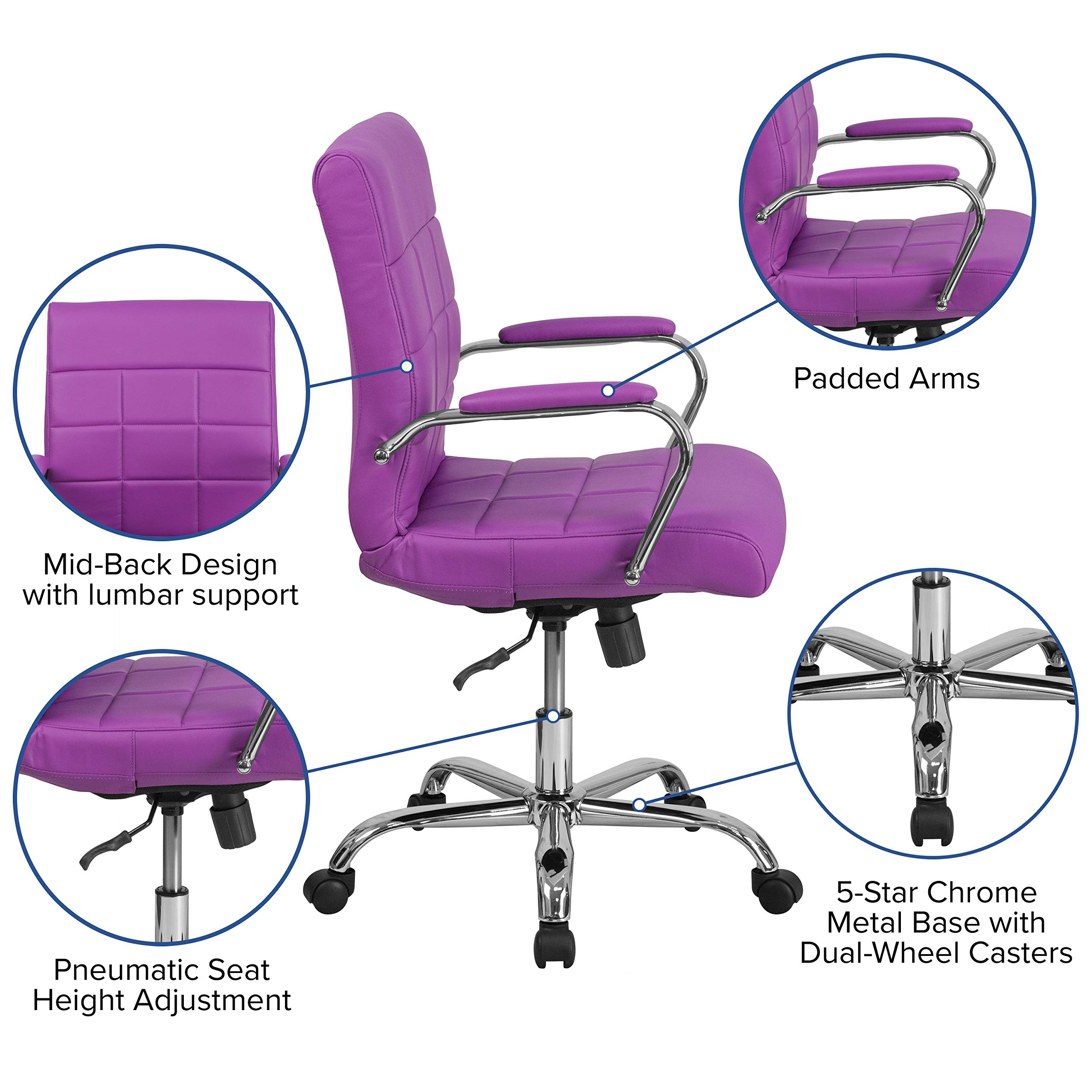 EMMA + OLIVER Mid-Back Purple Vinyl Executive Swivel Office Chair with Chrome Base and Arms