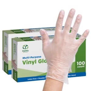 comfy package [200 count] clear powder free vinyl disposable plastic gloves - large