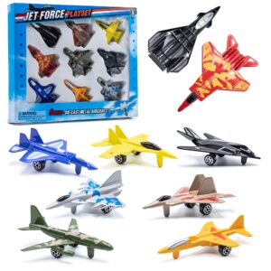 srenta assorted color & styles 9 piece die cast air force jet play set, fighter jet model military themed airplane sets for kids