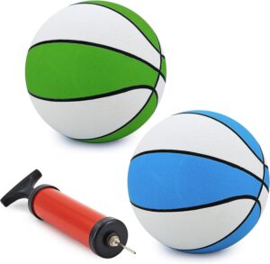 srenta mini basketball with pump -7 inch size 3 basketball - assorted colors kids basketball set for indoor, outdoor, pool parties, mini hoops basketball game party favors - 2 pack