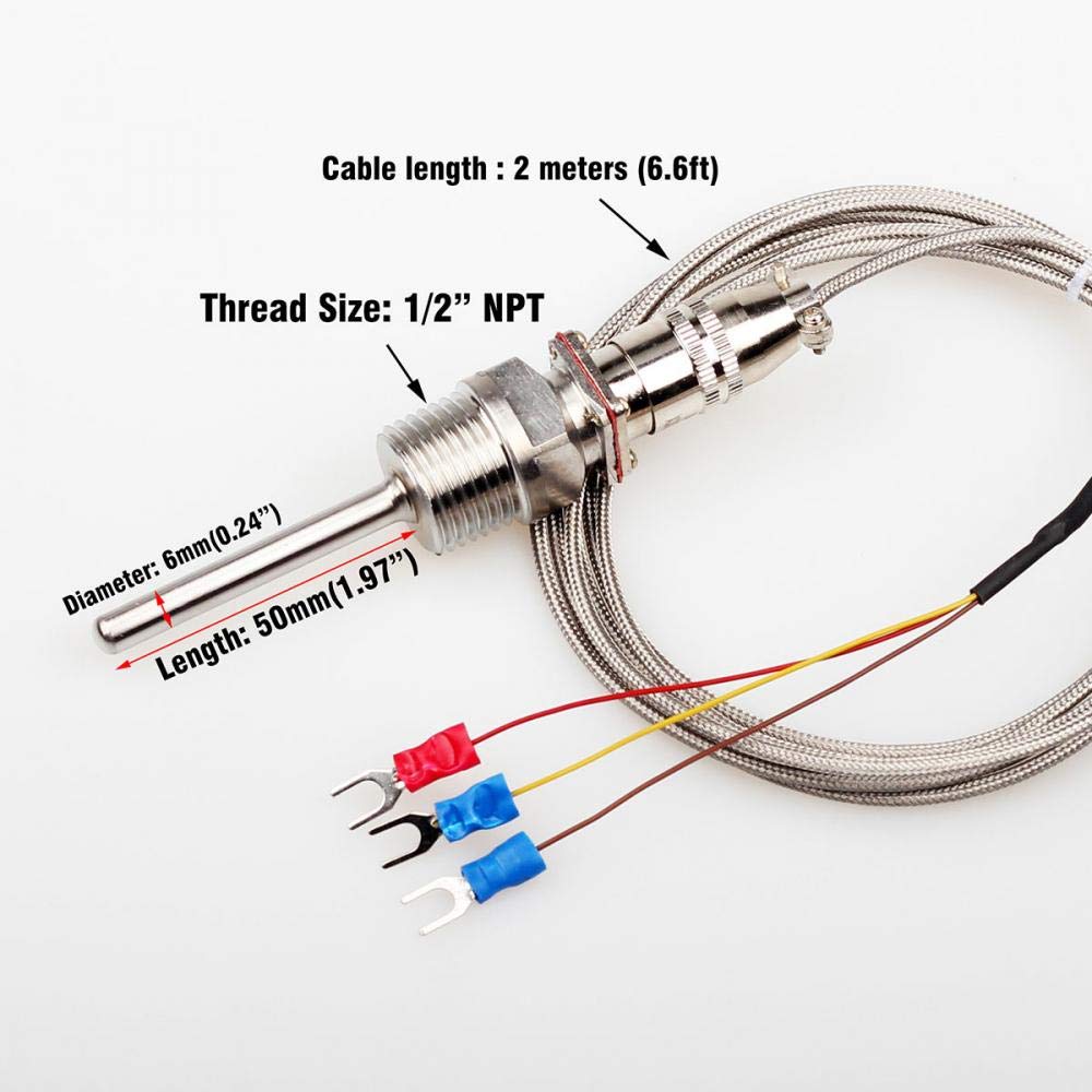 PT100 Thermocouple Temperature Sensor Probe 1/2" NPT Thread Connector with 3 Wires 2M Cable, -58~572°F (-50~300°C)