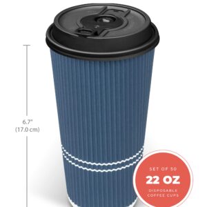 Glowcoast To Go Coffee Cups With Lids - 22 oz Disposable Coffee Cup With Lid (50 Set). Large Togo Travel Paper Ripple Hot Cups Insulated For Hot, Cold Beverage Drinks, No Sleeves Needed (Royal Blue)