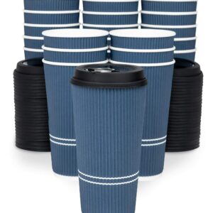 Glowcoast To Go Coffee Cups With Lids - 22 oz Disposable Coffee Cup With Lid (50 Set). Large Togo Travel Paper Ripple Hot Cups Insulated For Hot, Cold Beverage Drinks, No Sleeves Needed (Royal Blue)