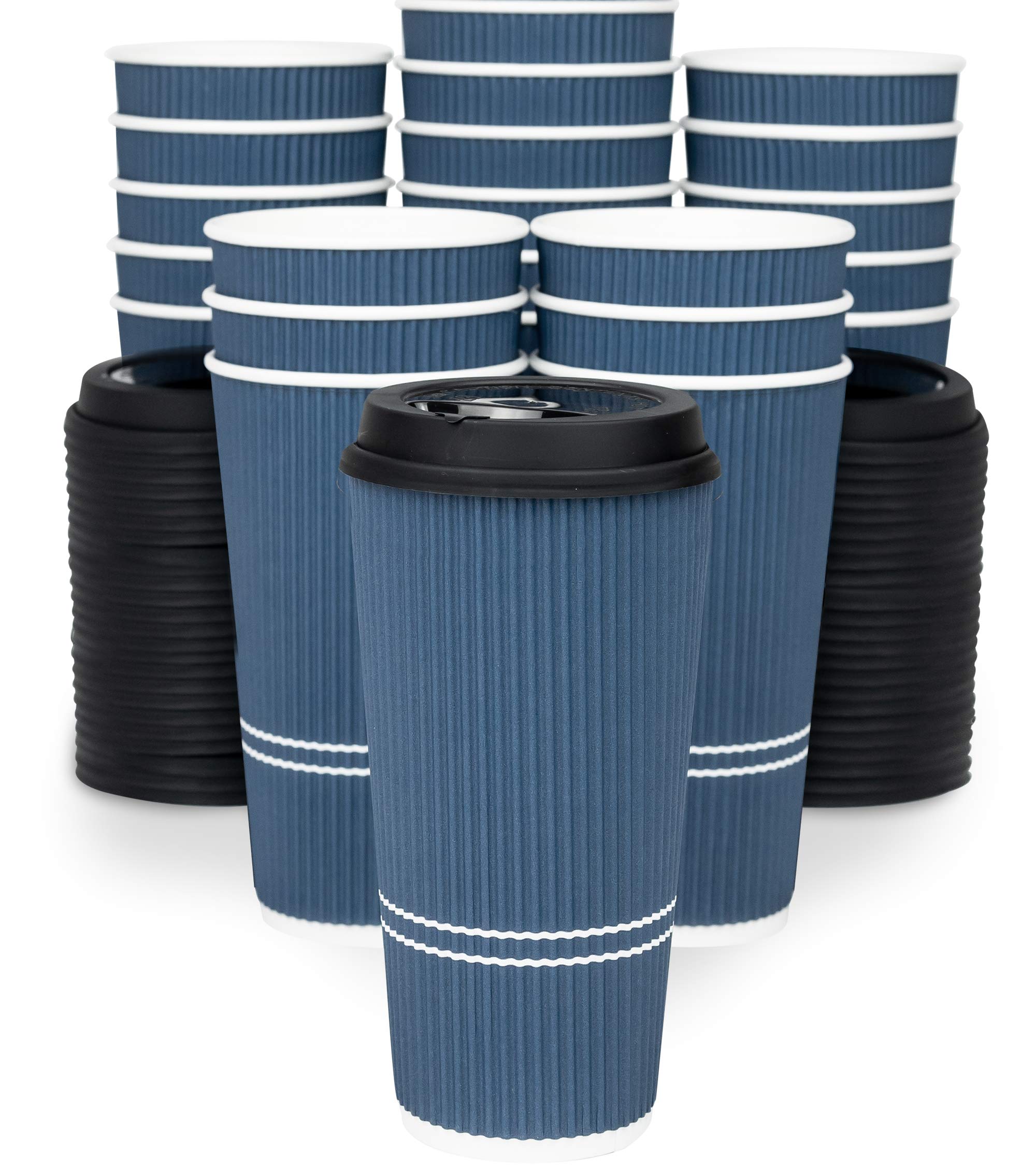 Glowcoast To Go Coffee Cups With Lids - 22 oz Disposable Coffee Cup With Lid (50 Set). Large Togo Travel Paper Ripple Hot Cups Insulated For Hot, Cold Beverage Drinks, No Sleeves Needed (Royal Blue)