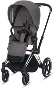 cybex priam 3 complete stroller, one-hand compact fold, reversible seat, smooth ride all-wheel suspension, extra storage, adjustable leg rest, manhattan grey with chrome black frame