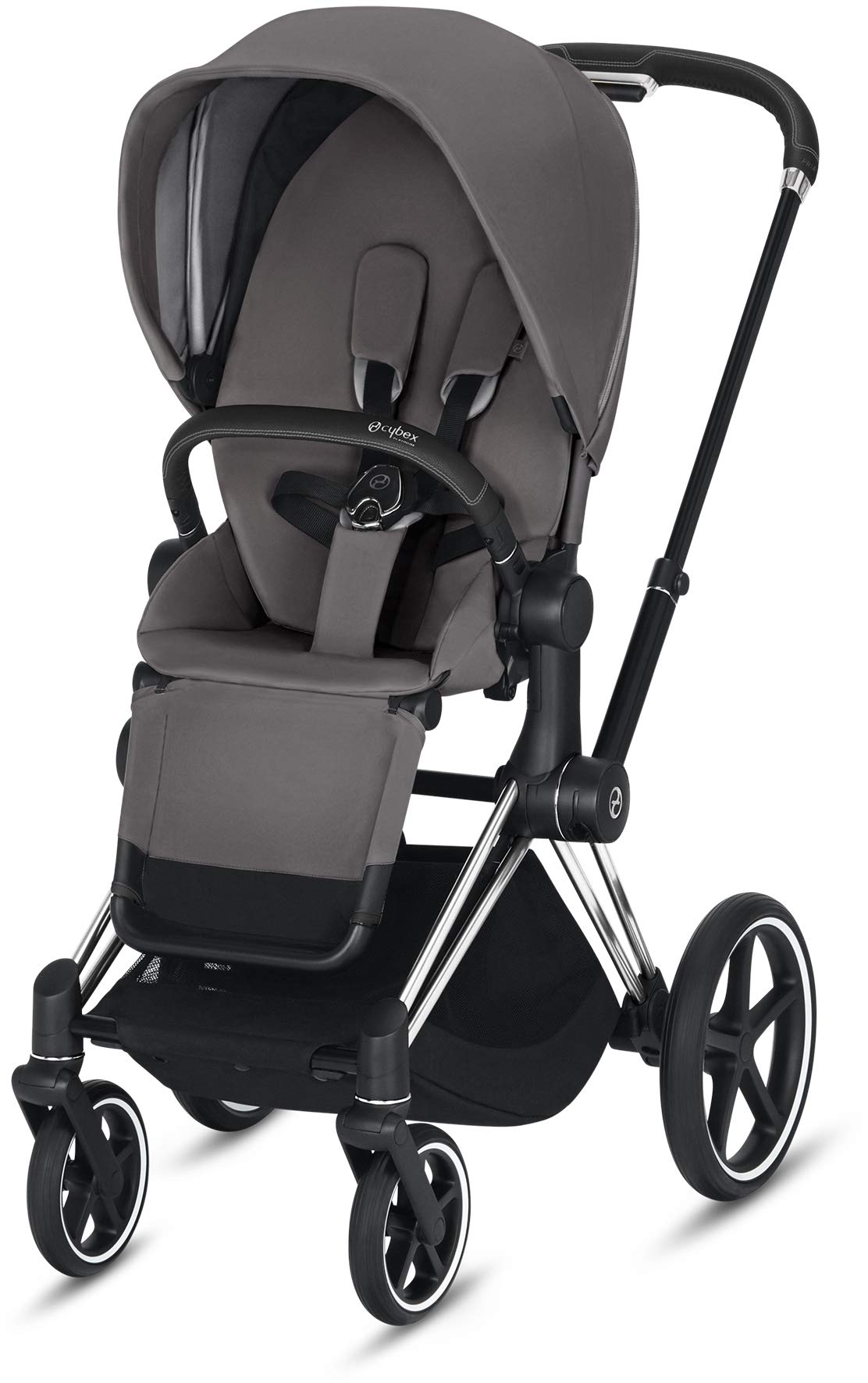 Cybex Priam 3 Complete Stroller, One-Hand Compact Fold, Reversible Seat, Smooth Ride All-Wheel Suspension, Extra Storage, Adjustable Leg Rest, Manhattan Grey with Chrome Black Frame