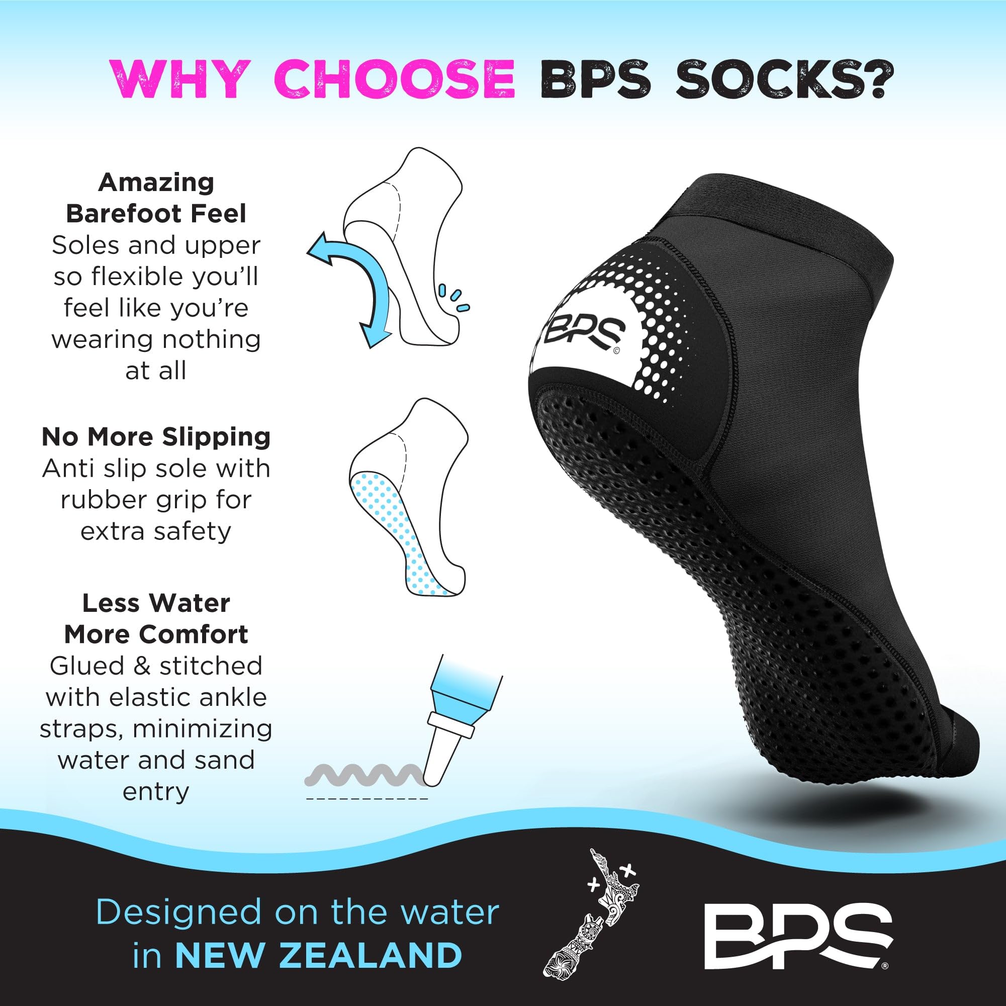 BPS 'Second Skin' Aqua Socks with Grip - Quick-Dry and Anti-Slip Socks - Barefoot Shoes for Beach Sports and Activities - Low Cut Socks (Ebony Black, Medium)