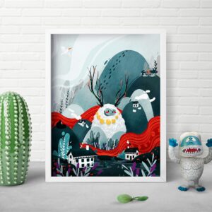 8x10 Scandinavian Art Print Fantasy Yeti Print Miyazaki Anime Design Whimsical Folk Travel Forest Nature Wildlife Illustrated Animal Print Nordic Art Print Studio Ghibli Design Kids Bedroom Home Decor