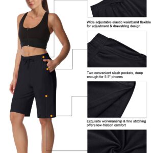 ChinFun Women's Yoga Bermuda Shorts Athletic Lounge Cotton Sweat Shorts 10" Long Shorts Workout Running Shorts Black L