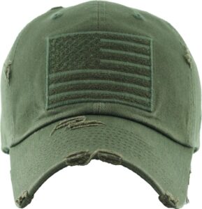 funky junque distressed baseball cap vintage dad hat - american flag (olive)