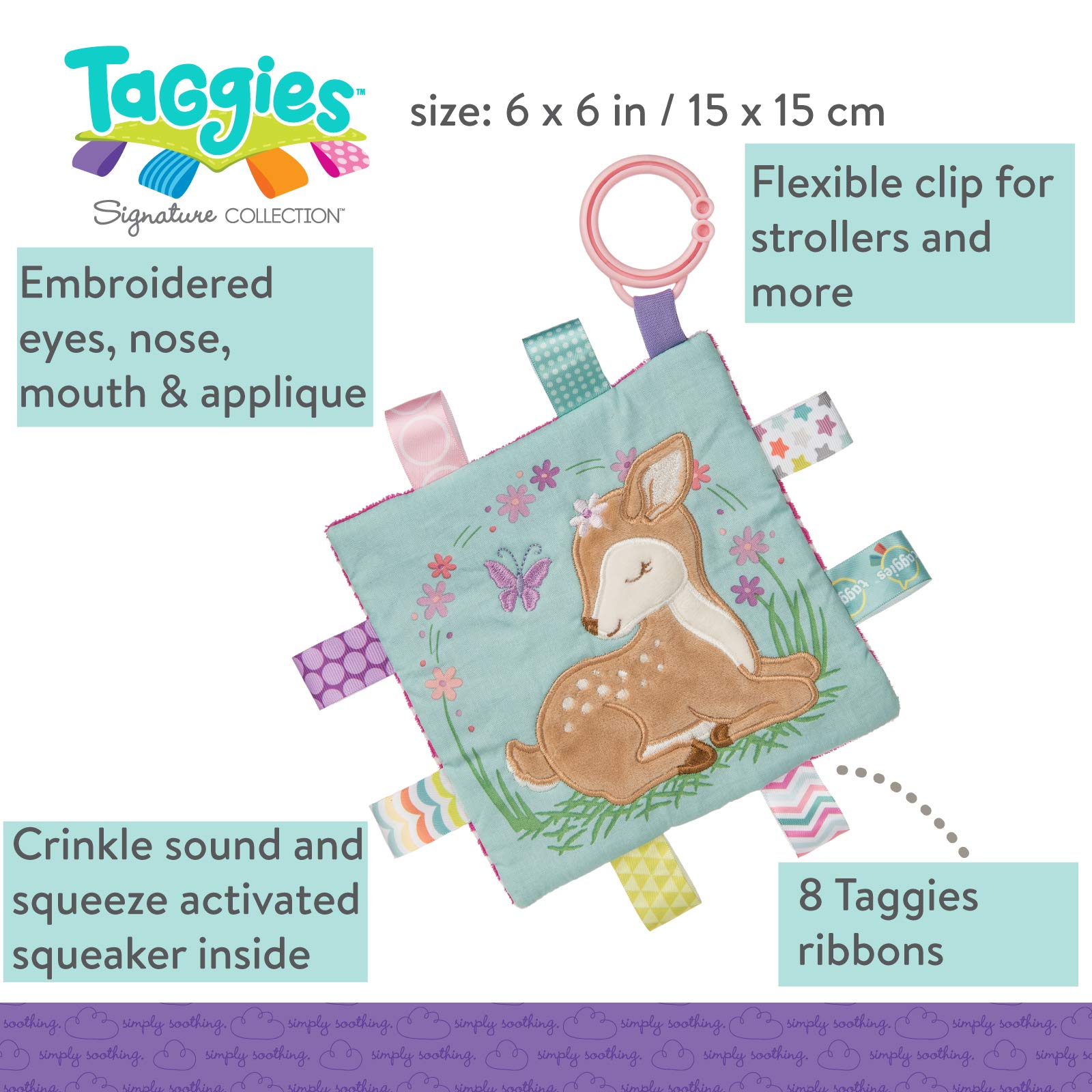 Taggies Soothing Sensory Crinkle Me Toy with Baby Paper and Squeaker, Flora Fawn, 6.5 x 6.5-Inches