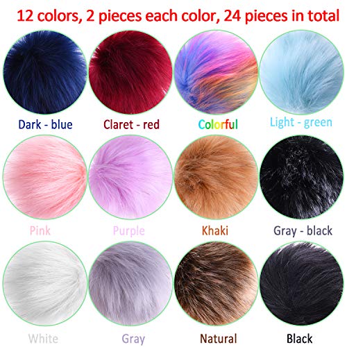 SIQUK 24 Pieces Faux Fox Fur Pom Pom Balls DIY Faux Fox Fur Fluffy Pom Pom with Elastic Loop for Hats Keychains Scarves Gloves Bags Accessories(12 Bright Colors, 2 Pcs Each Color)