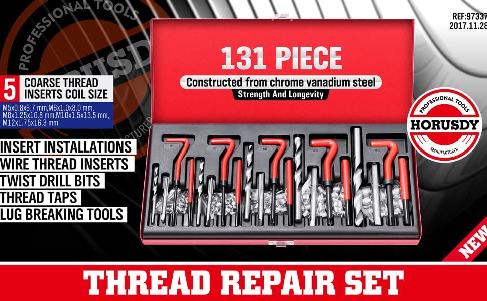 Metric Helicoil Thread Repair Kit: 131-Piece Heli Coil HSS Drills Inserts Taps & Tools M5 M6 M8 M10 M12 Automotive Engine Spark Plug Cylinder Insertion Rethreading Tools Universal Rethread Restorer