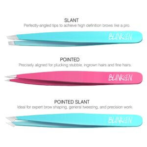 Tweezers for Eyebrows,Blinkeen 3 Pack Tweezer Set,Precision Tweezers for Ingrown Hair/blackhead/craf/splinter,Professional Eyebrow Tweezers.(Color)