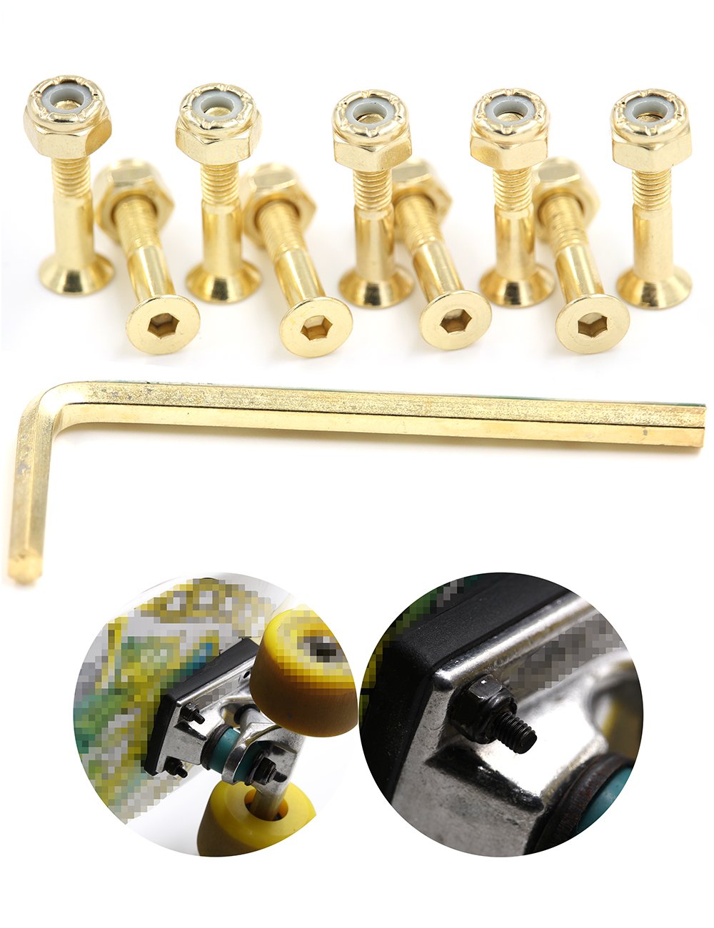 Skateboard Hardware 9PCS Bolts Set Deck Mounting Screws Nuts Hex Key Skate Parts Outfits Color Fasteners Longboard Cruiser Best Mounting Parts Silver Golden Green 1 1/4" 1" 7/8" (Golden, 0.88)