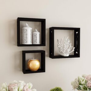 lavish home floating shelves open cube wall shelf set with hidden brackets 3 sizes to display decor, photos, more-hardware included (black)