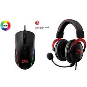 hyperx cloud ii gaming headset - red (khx-hscp-rd) with hyperx pulsefire surge - rgb wired optical gaming mouse, pixart 3389 sensor up to 16000 dp - black - bundle