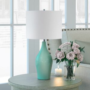 bella 28.25" tall porcelain table lamp with fabric shade in teal porcelain/white