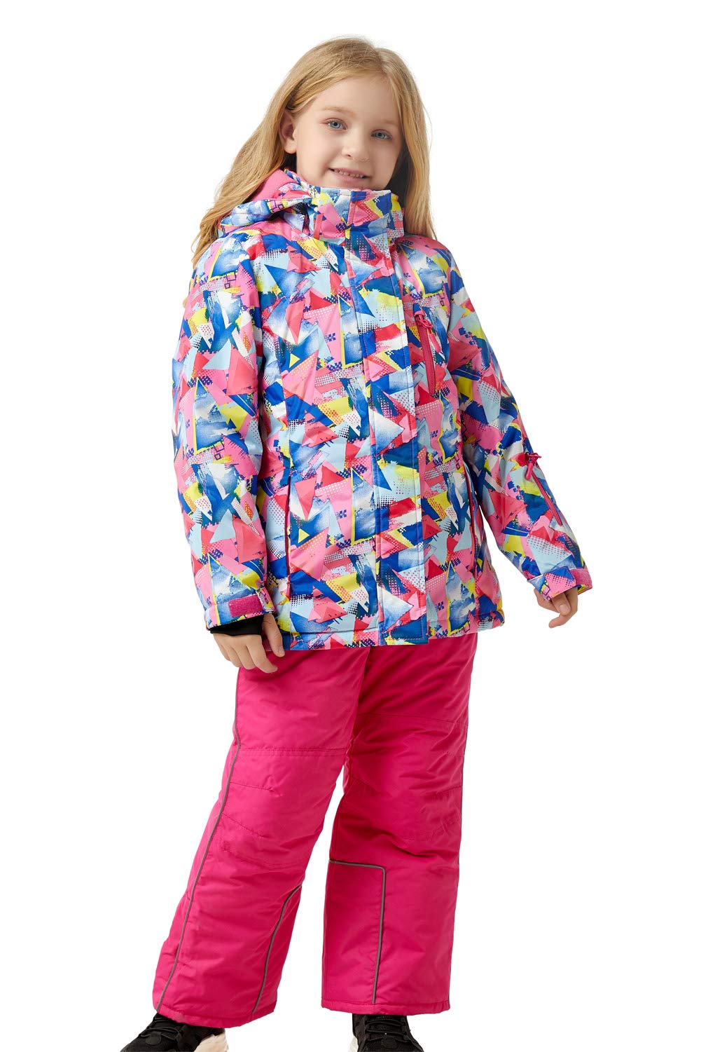 M2C Girls Thicken Warm Hooded Color Block Ski Snowsuit Jacket & Pants Pink 7/8