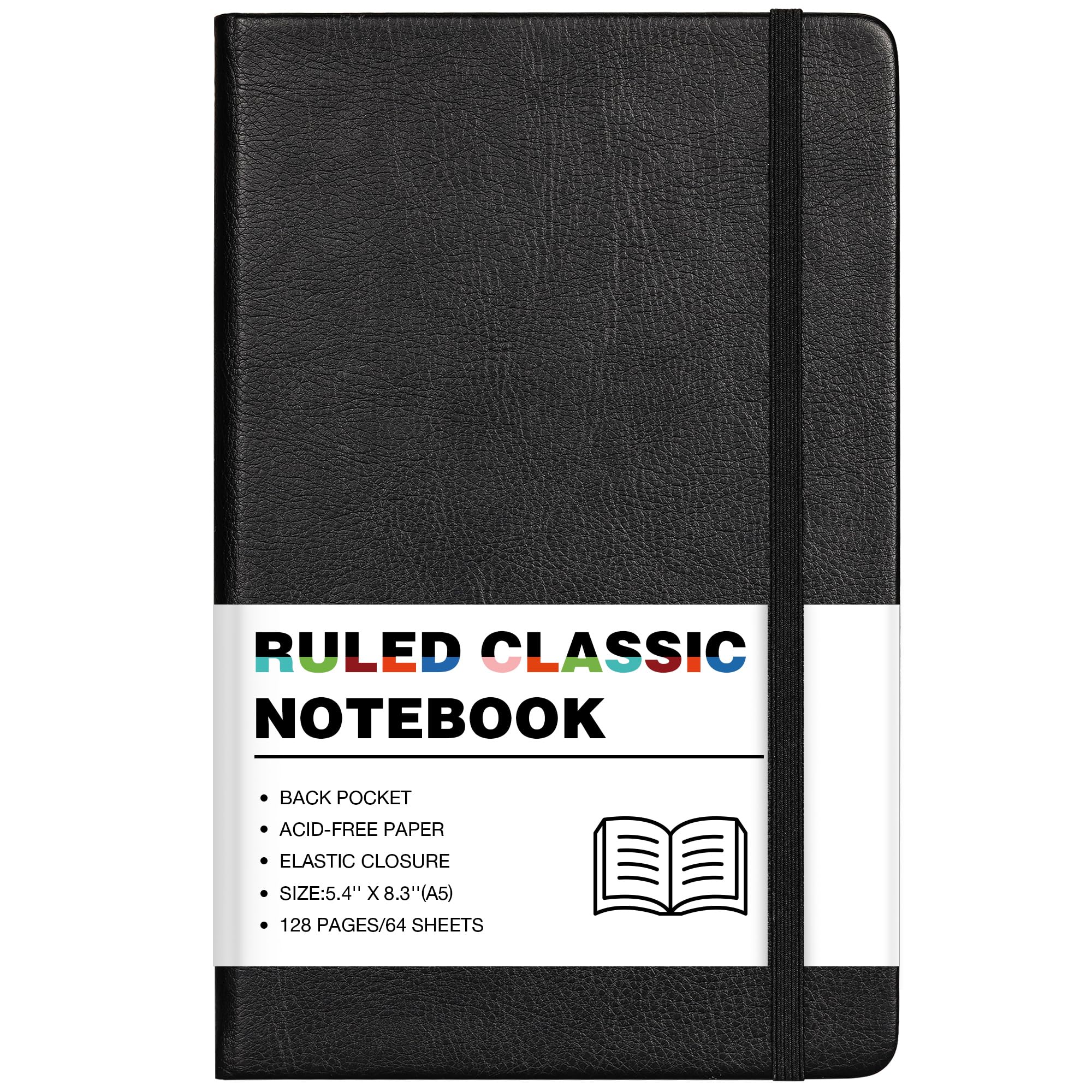 Ruled Notebook/Journal – Classic Notebook Journal for Women/Men, Faux Leather Notebooks for Work, Premium Thick Paper, Black, Hardcover, Lined (5.4 x 8.3)