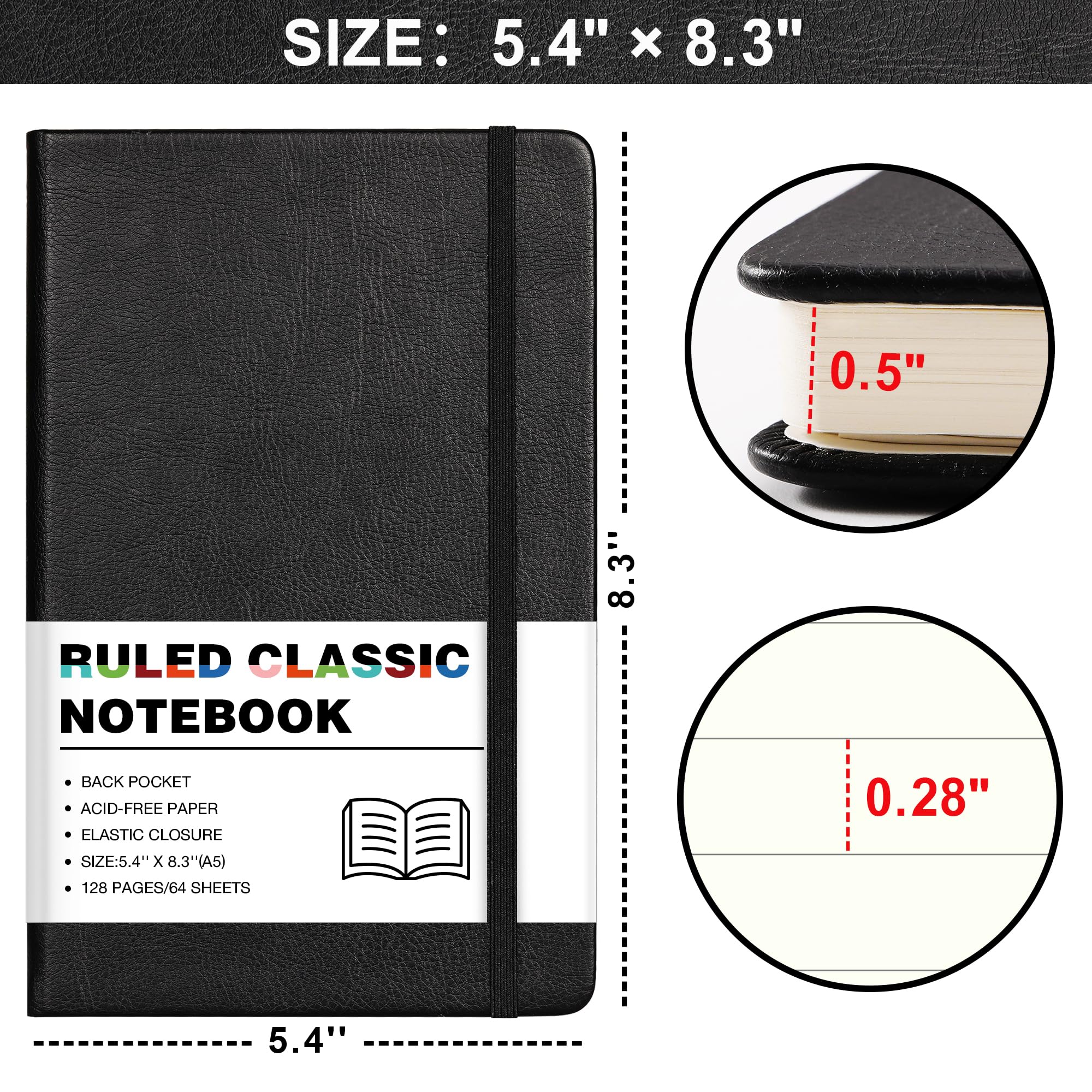 Ruled Notebook/Journal – Classic Notebook Journal for Women/Men, Faux Leather Notebooks for Work, Premium Thick Paper, Black, Hardcover, Lined (5.4 x 8.3)