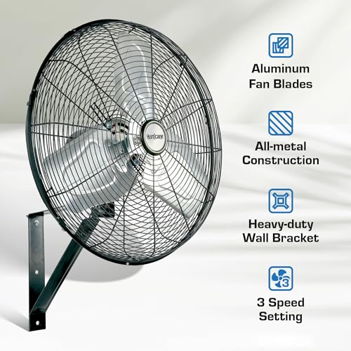 Hurricane 20 Inch Pro Commercial Grade Corded Electric Classic Oscillating Wall Mount Fan with 3 Speed Settings for Air Circulation, Black