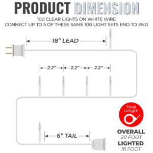 612 Vermont 100 Clear Christmas Lights on White Wire, UL Approved for Indoor/Outdoor Use, 18 Foot of Lighted Length, 20 Foot of Total Length