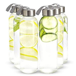 kitchen lux 16 ounce glass water bottles, reusable water bottles with airtight, pack of 6, stainless steel lids carrying strap and nylon water bottle protective sleeves for hot or cold drinks