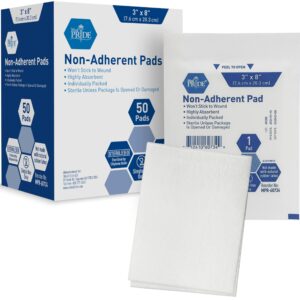 med pride sterile non-adherent pads| 50-pack, 3” x 8”| non-adhesive wound dressing| highly absorbent & non-stick, painless removal-switch| individually wrapped for extra protection