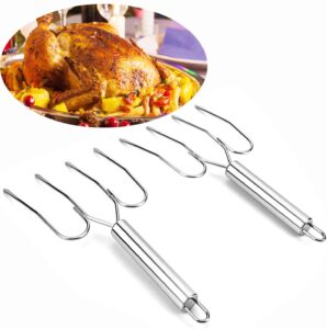 thanksgiving turkey & roast lifters, stainless steel roaster forks, transfer chicken or ham poultry lifters easily, four needle meat fork, set of 2