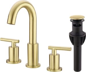 trustmi 2 handle 8 inch brass bathroom sink faucet 3 hole widespread with valve and cupc water supply hoses, with overflow pop up drain assembly, brushed gold