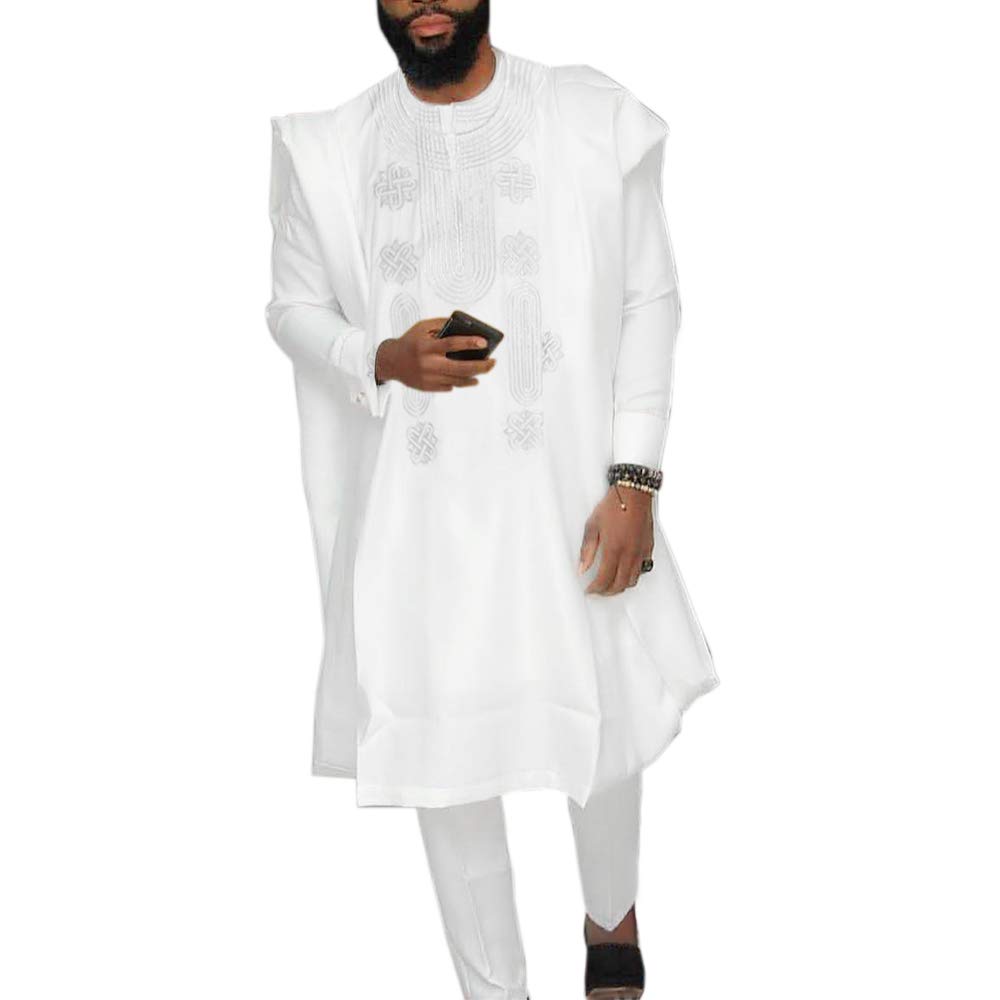 HD African Apparel Agbada Clothing Embroidery Dashiki Shirts and Pants African Men Outfits 3 Pieces, White L