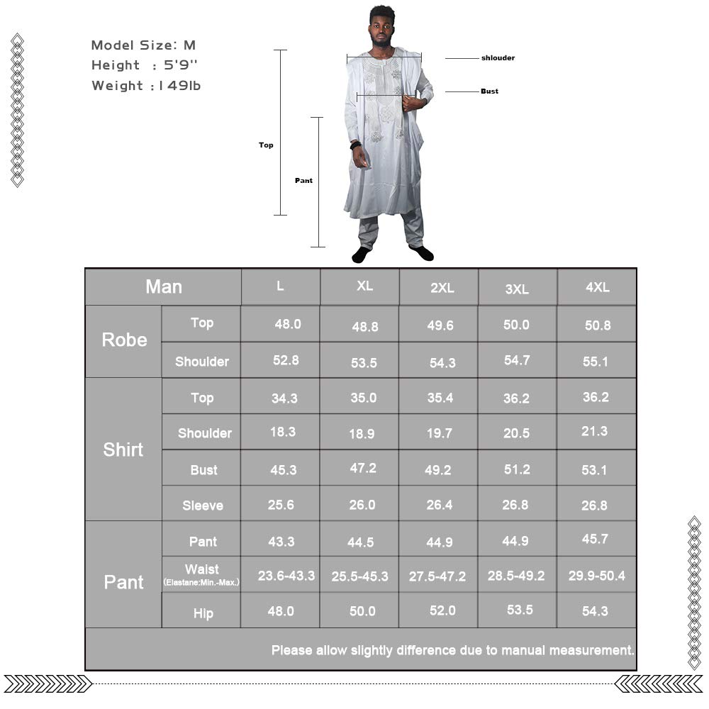 HD African Apparel Agbada Clothing Embroidery Dashiki Shirts and Pants African Men Outfits 3 Pieces, White L