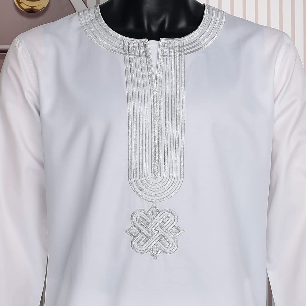 HD African Apparel Agbada Clothing Embroidery Dashiki Shirts and Pants African Men Outfits 3 Pieces, White L